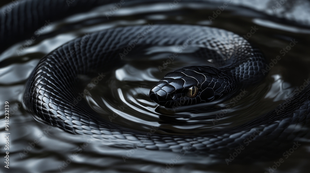 Black Snake in Dark Water - A black snake swims in dark water, its ...