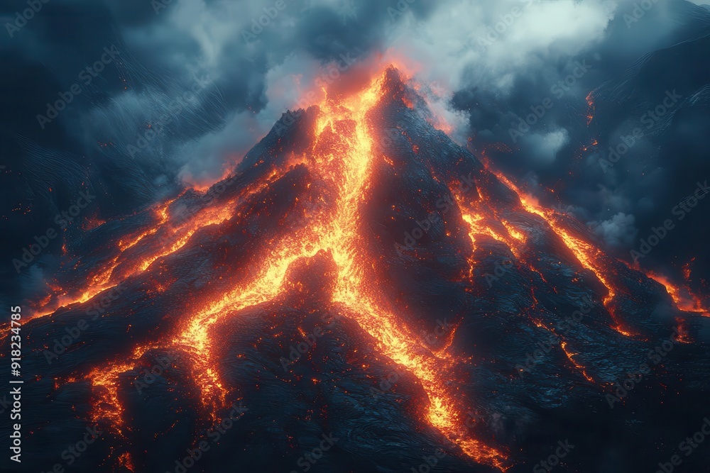 dramatic volcanic eruption border molten lava rivers contrasting with ...