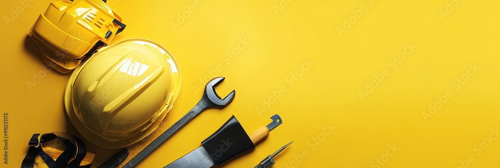 Construction Tools on Yellow Background - Safety Gear and Equipment - A ...
