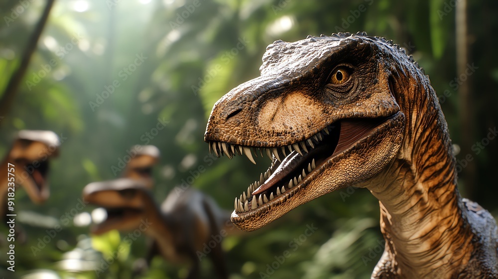 Velociraptor pack hunting in dense jungle with dramatic lighting, CGI ...