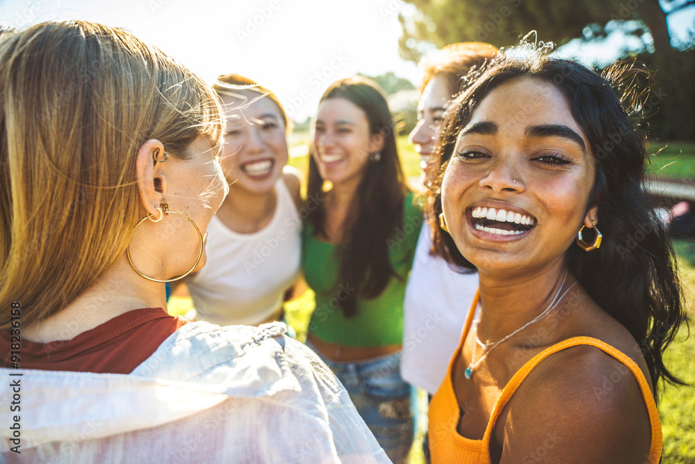 Happy group of young women hugging together outside - Cheerful black ...