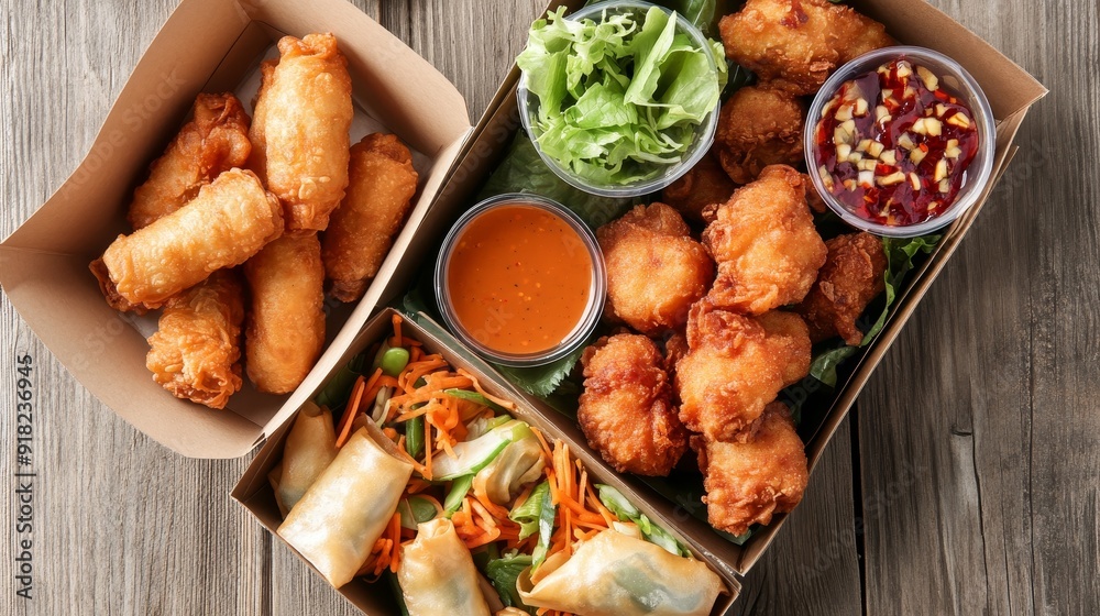 Delicious Asian Takeout Box with Crispy Spring Rolls, Fried Chicken ...