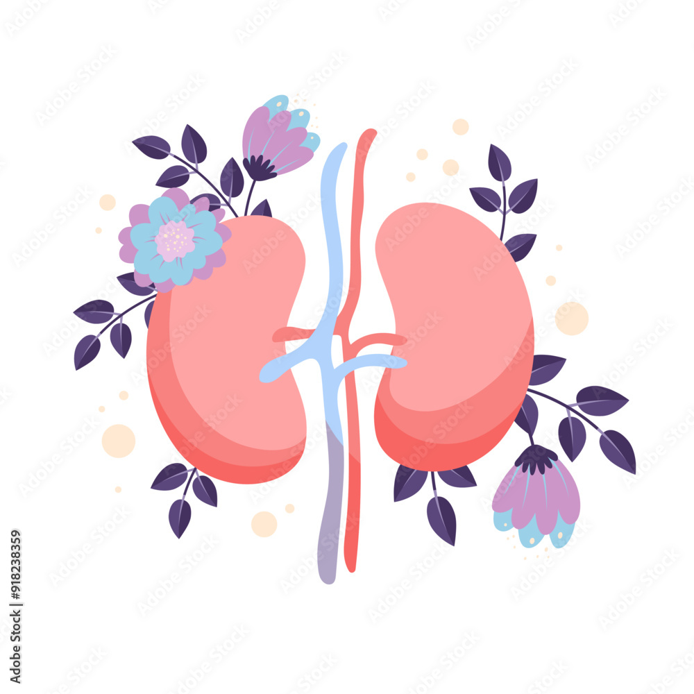 Human kidneys, internal organ of urinary tract with blooming flowers ...