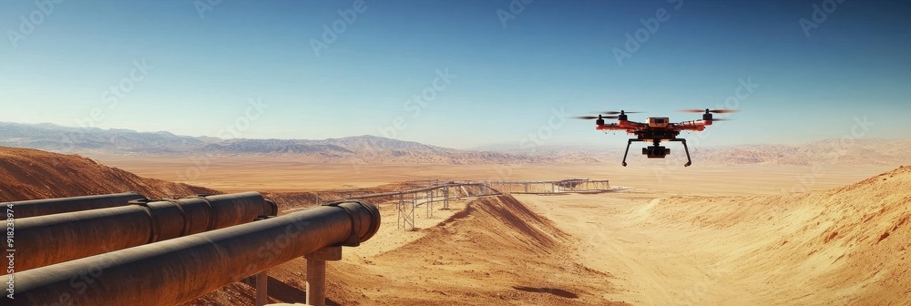 Drone Inspection of Oil Pipeline in Desert Landscape - A drone flies ...
