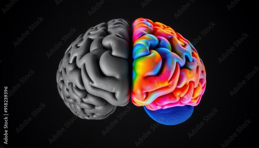 brain split in half left side gray and monotonous right side filled ...