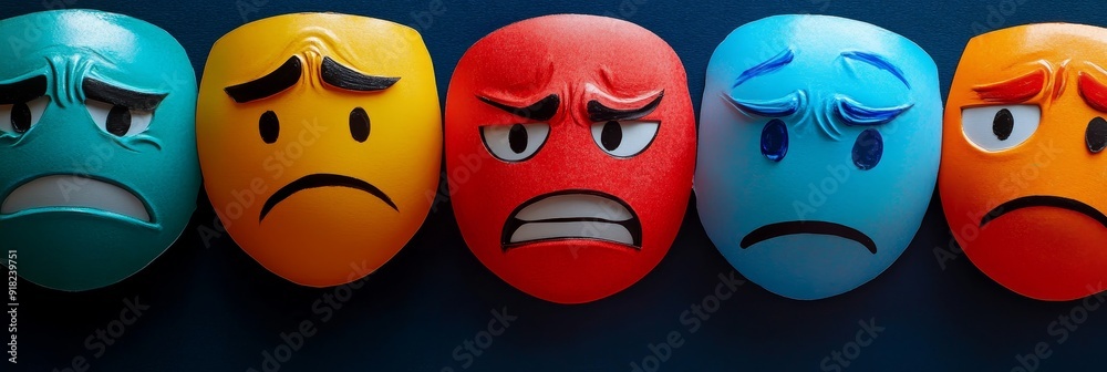 Emotions on Display: A Row of Sad Emojis - Five colorful emoji masks ...