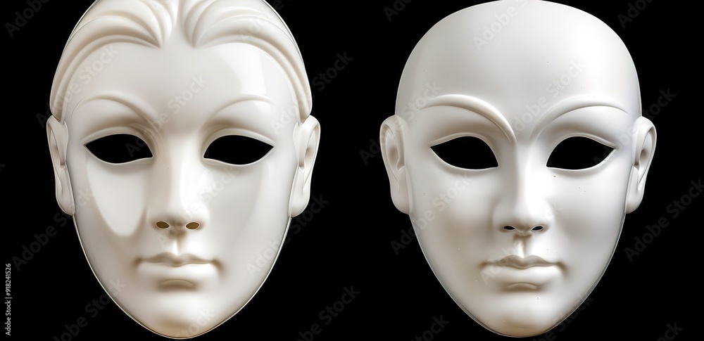 Two white masks with black eye holes against a black background. The ...