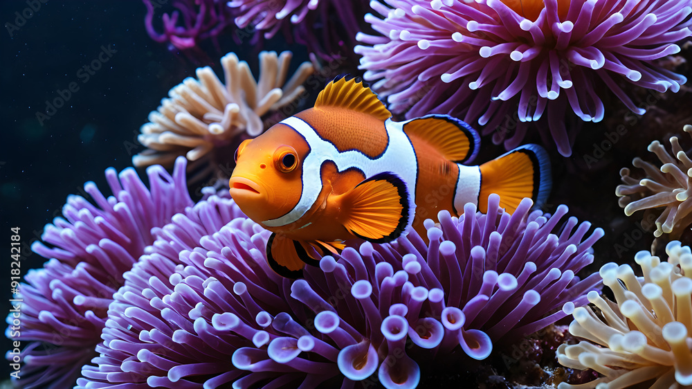 Vibrant symbiosis of Clownfish (Amphiprion ocellaris) and anemones in ...