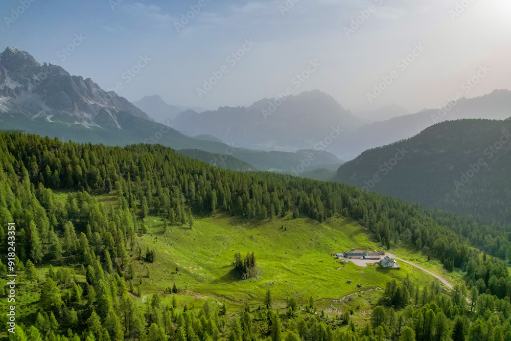 Snake Road in the Dolomites. Sunrise aerial forest. Pathway from Snake ...