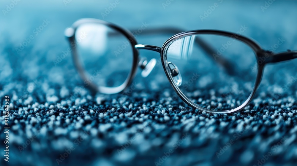 Eyeglasses rest on a blue carpet, with a soft focus effect that renders ...