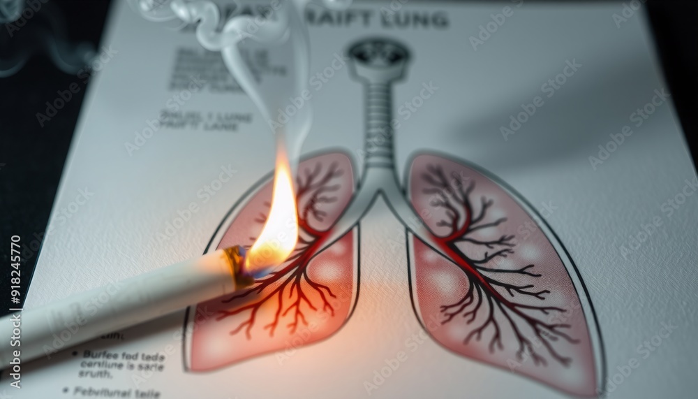 a cigarette burns beside an anatomical chart of lungs the smoke curling ...