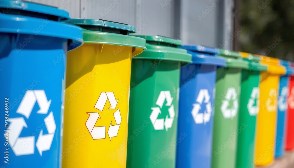 recycling bins in a row each a different color with recycling symbols ...