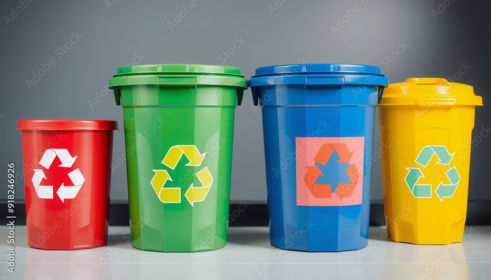 four distinct recycling bins in red blue green and yellow side by side ...