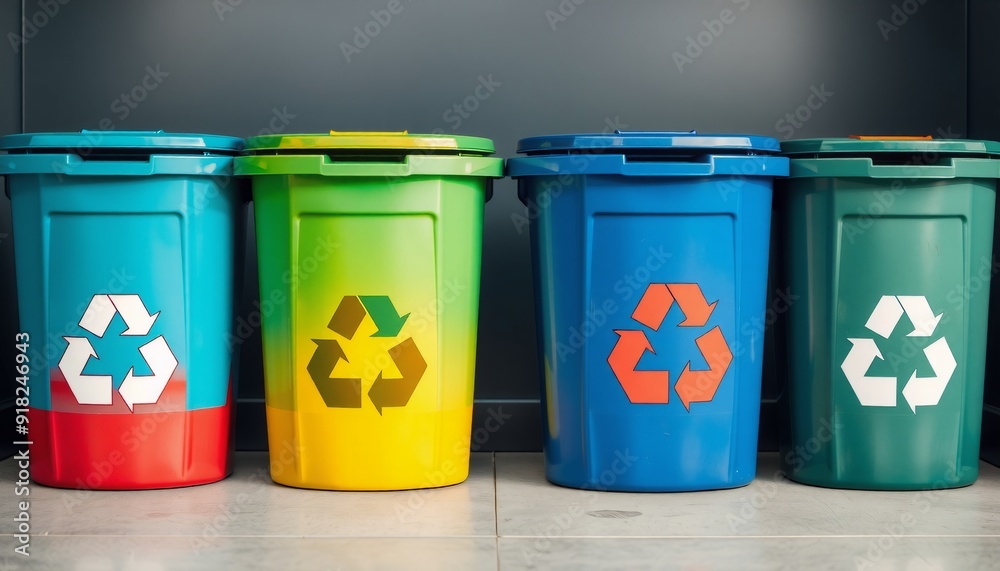 a set of four recycling bins color-coded and arranged in a row with ...