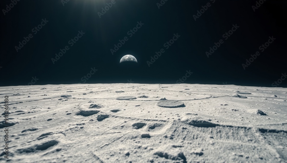 expansive moon surface with craters and earth visible in the sky light ...