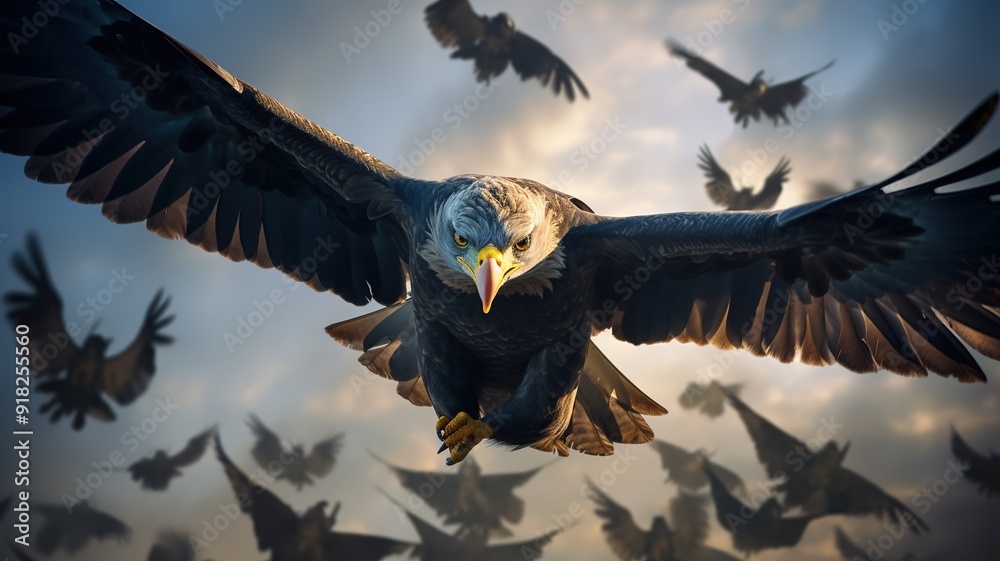 A dramatic image of a golden eagle soaring high above a flock of ...