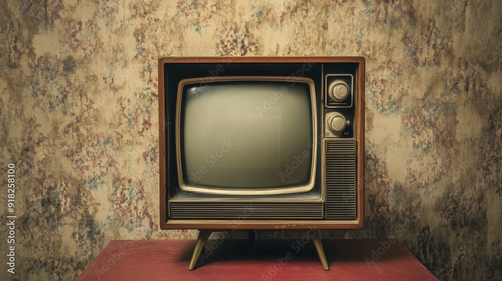 Vintage Television Set on Retro Wallpaper Background - A classic television set with a blank ...