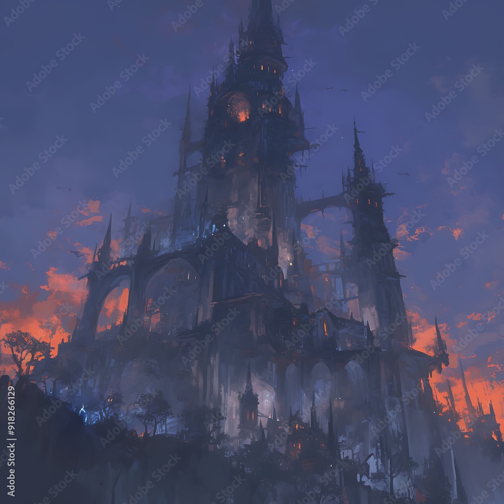 An ancient Gothic castle shrouded in mist, with crumbling walls ...