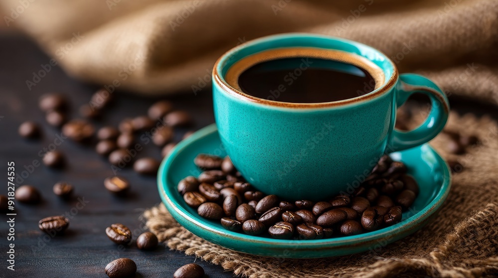 Coffee beans and a turquoise cup filled with fragrant black coffee rest ...