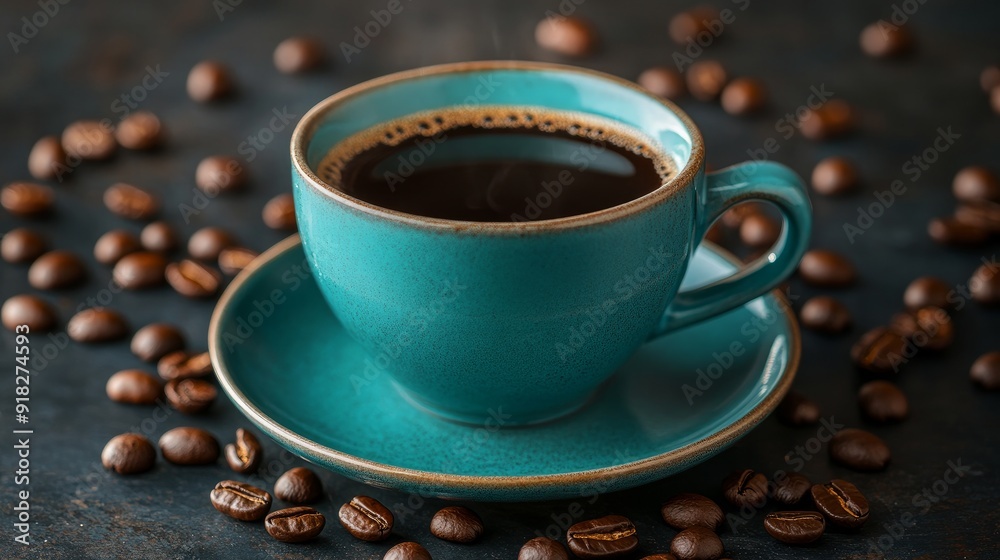 Coffee beans and a turquoise cup filled with fragrant black coffee rest ...