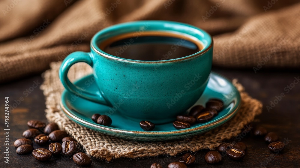 Coffee beans and a turquoise cup filled with fragrant black coffee rest ...