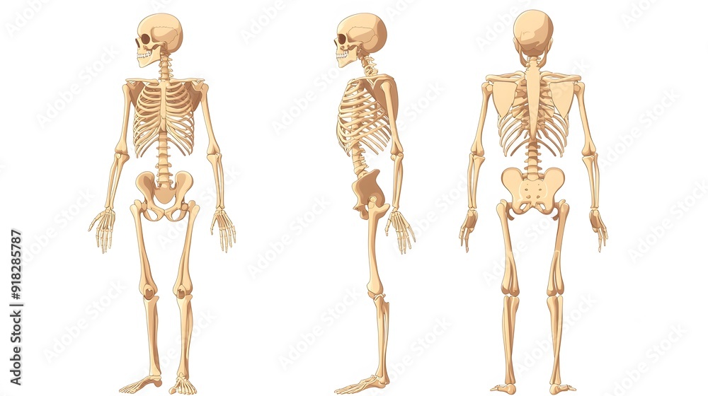 A detailed illustration of the human skeletal system, showing the front ...