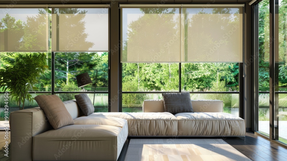 Automated roller blinds beige on big windows. Remote-controlled shades ...