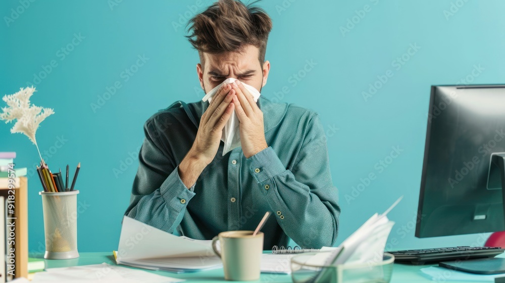 Young man with a cold, looking tired at his office desk with paperwork ...