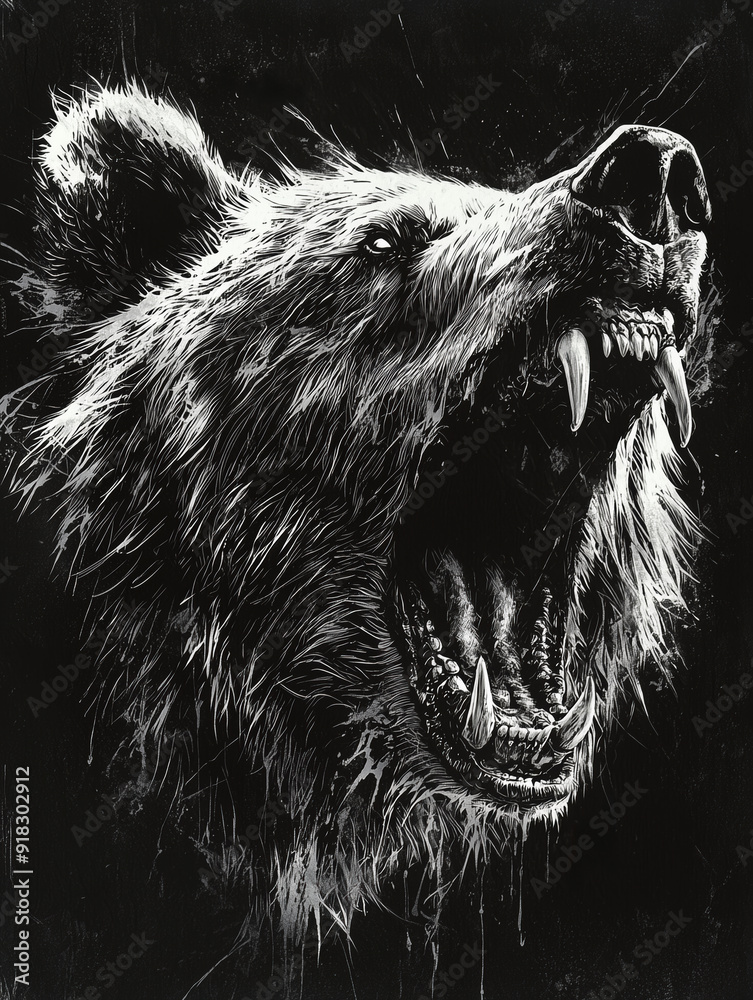 Terrifying Bear Growling in Horror Art Style with Detailed White Ink ...