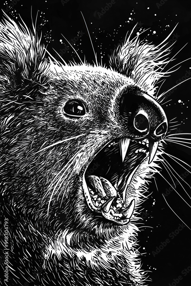 Terrifying Koala Art: Detailed White Ink Fur, Deranged Eyes, Open Mouth ...