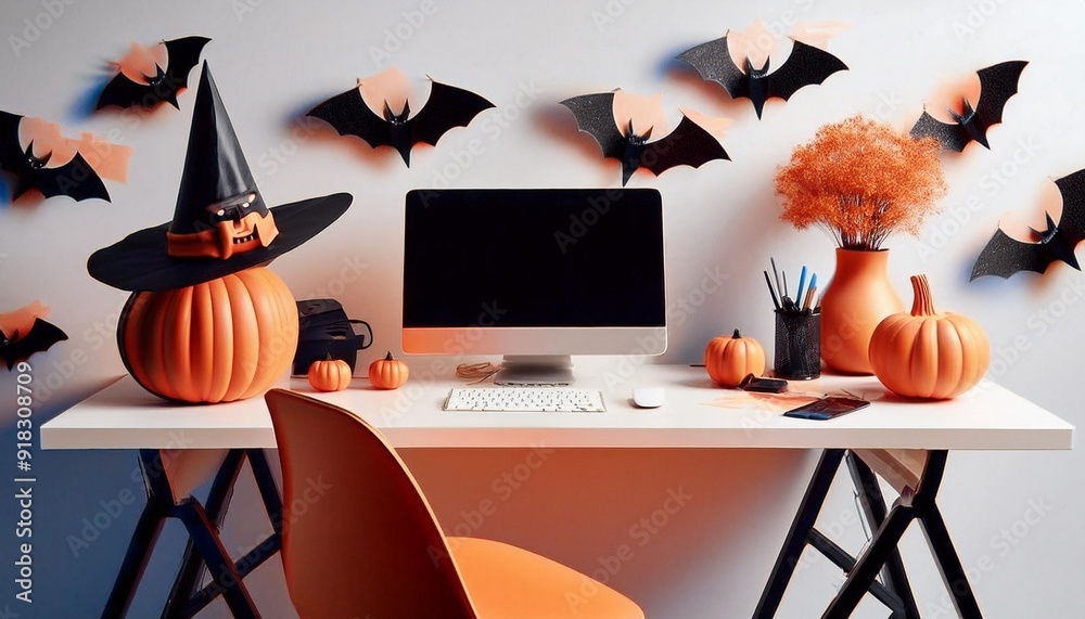 Minimalist office setting, Halloween decorations like paper bats, witch ...