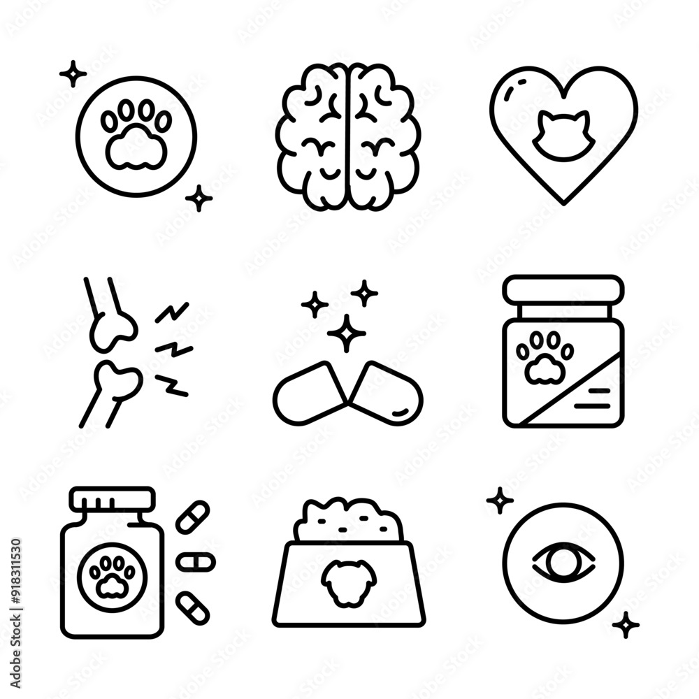 Pets vitamins outline icons set. Different types of pets medicine ...