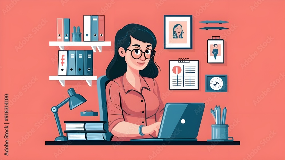 Cartoon depiction of a female accountant and bookkeeper in a business ...