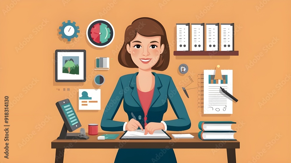 Cartoon depiction of a female accountant and bookkeeper in a business ...