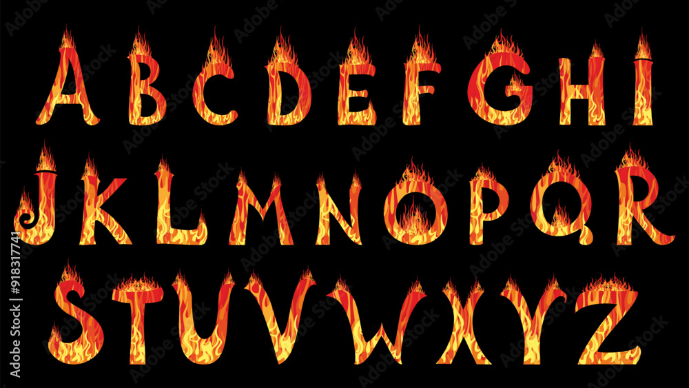 ABC Fire letters isolated on black background. Alphabet illustration in ...