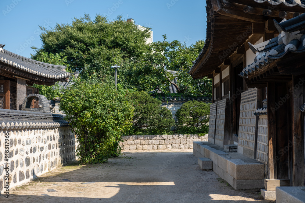Traditional Korean building in Namsangol Hanok village, a recreated ...
