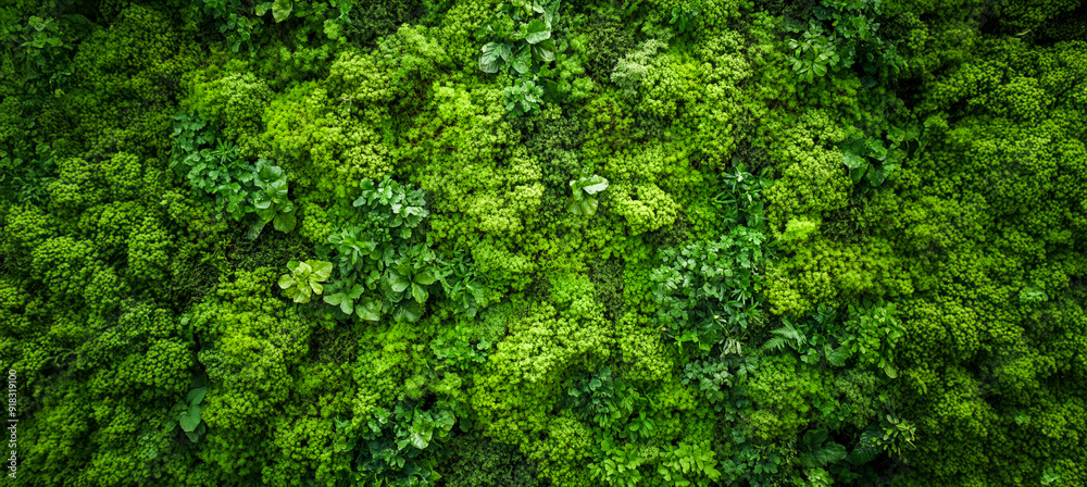 Hermoso fondo con textura de musgo verde, vista aérea de un bosque ...
