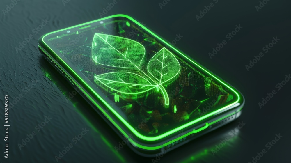 A futuristic smartphone with a glowing green leaf icon symbolizes ...