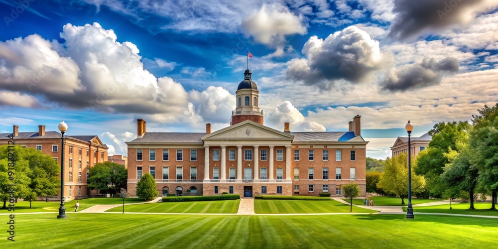 Classic American University Building with Green Lawn, Blue Sky, and ...