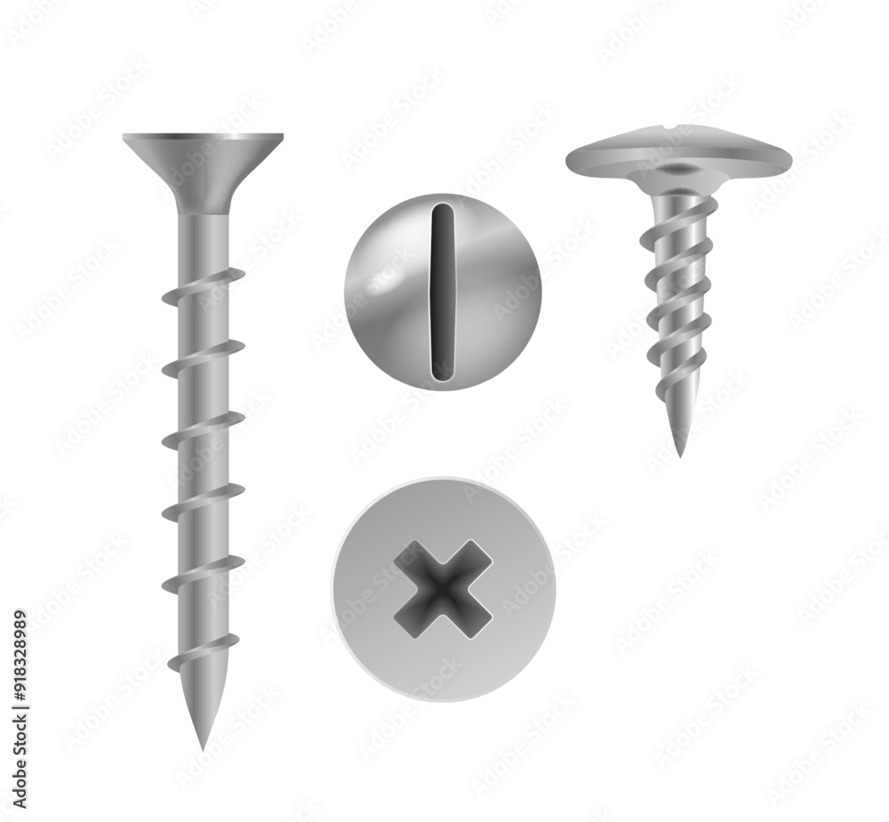 Metallic Screws And Fasteners Including Flathead And Crosshead Designs ...