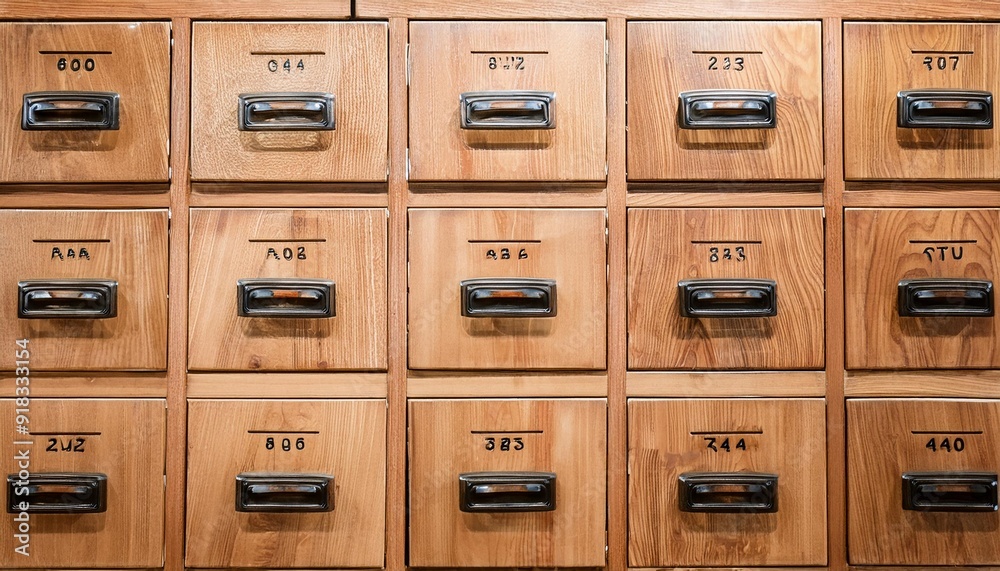 Archive representing identical light brown wooden drawers with ...
