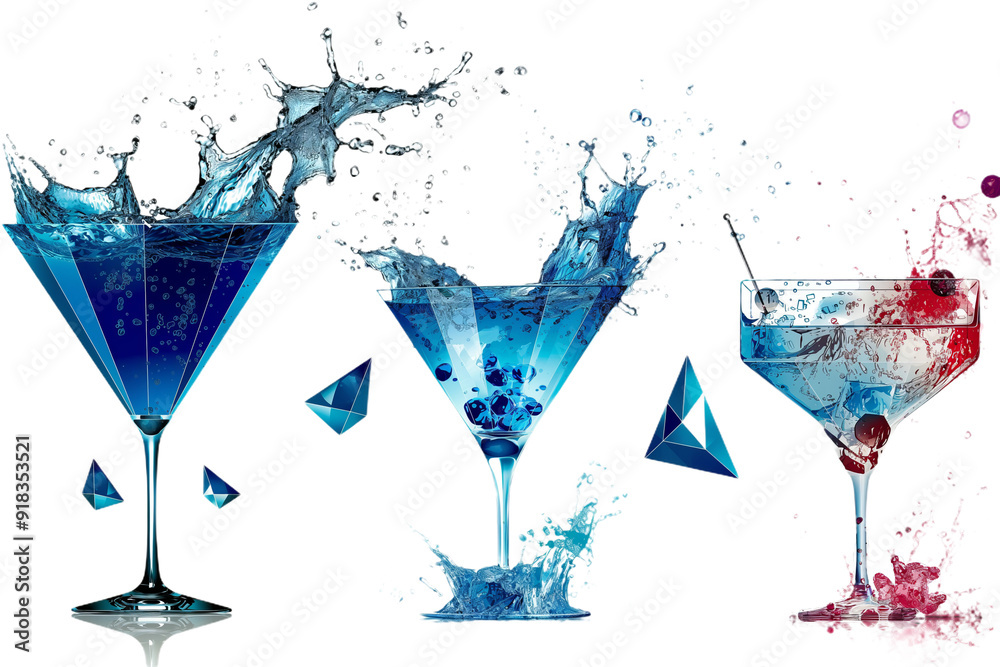Three martini glasses filled with blue and red cocktails, splashing and ...