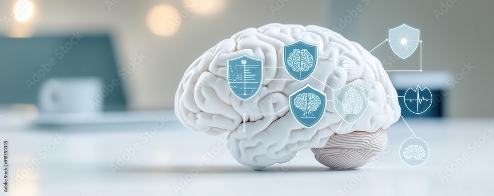 3D brain with areas protected by shields representing stroke prevention ...