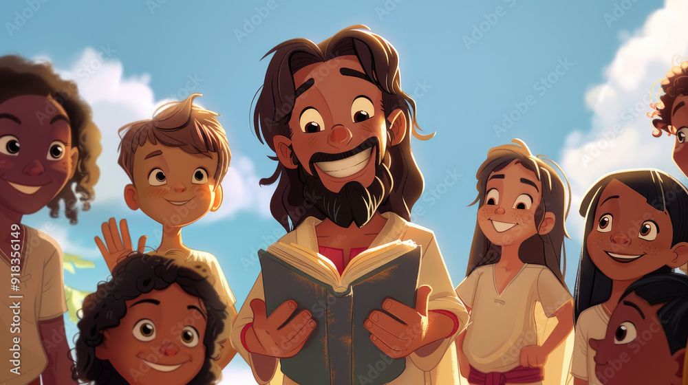 Jesus smiling and holding open the Bible, standing in front of a happy ...
