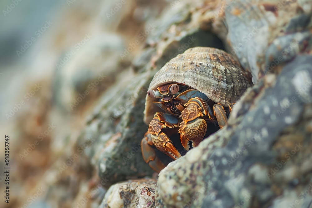 An extreme close-up of a tiny hermit crab peeking out from its shell on ...