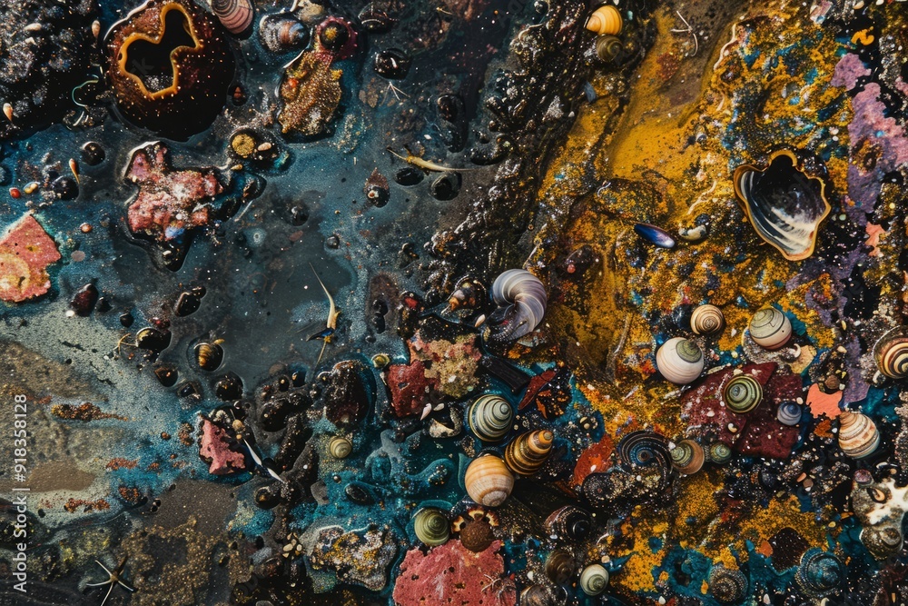 An artistic macro photograph of a tide pool with a variety of tiny ...