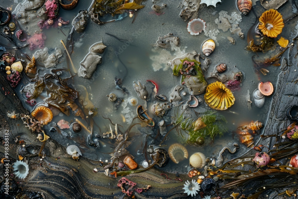 An artistic macro photograph of a tide pool with a variety of tiny ...