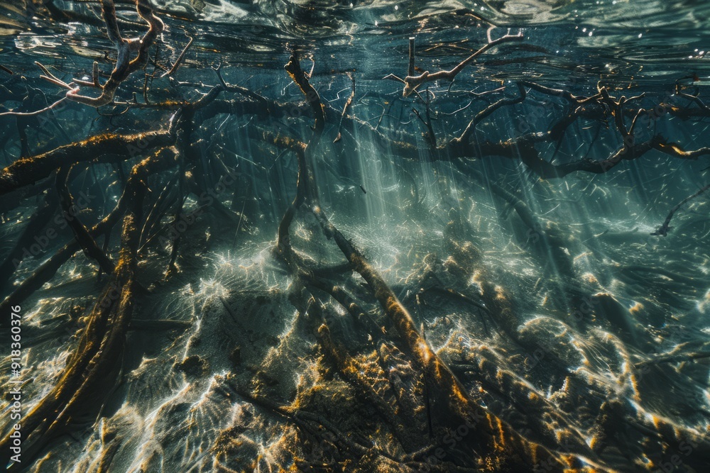 An overhead view of the intricate network of mangrove roots in clear ...