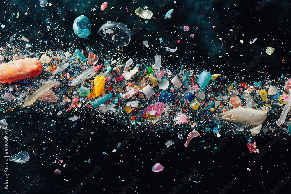 Close-up view of colorful microplastics floating in dark water ...