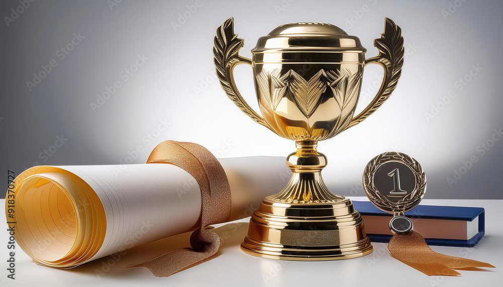 Composition of a winner's cup, a rolled certificate, and a medal on a ...